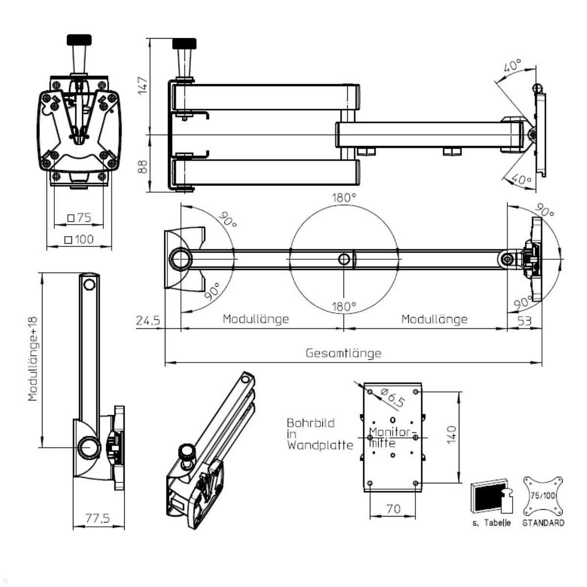 Wohnmobil TV Wandhalter 200mm Novus SKY 10N, schwarz